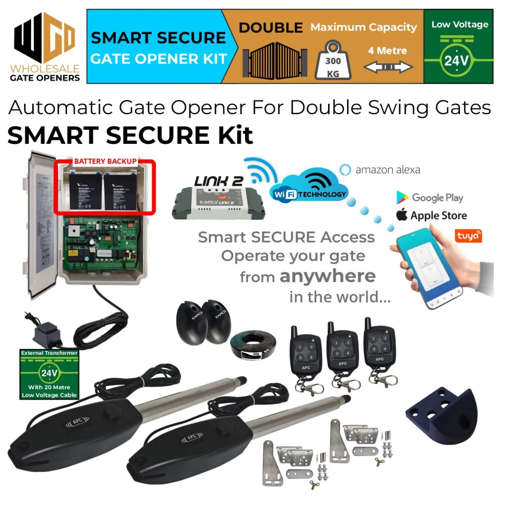 Gate Opener Smart Secure Kit for Double Swing Gates With WiFi Switch ...