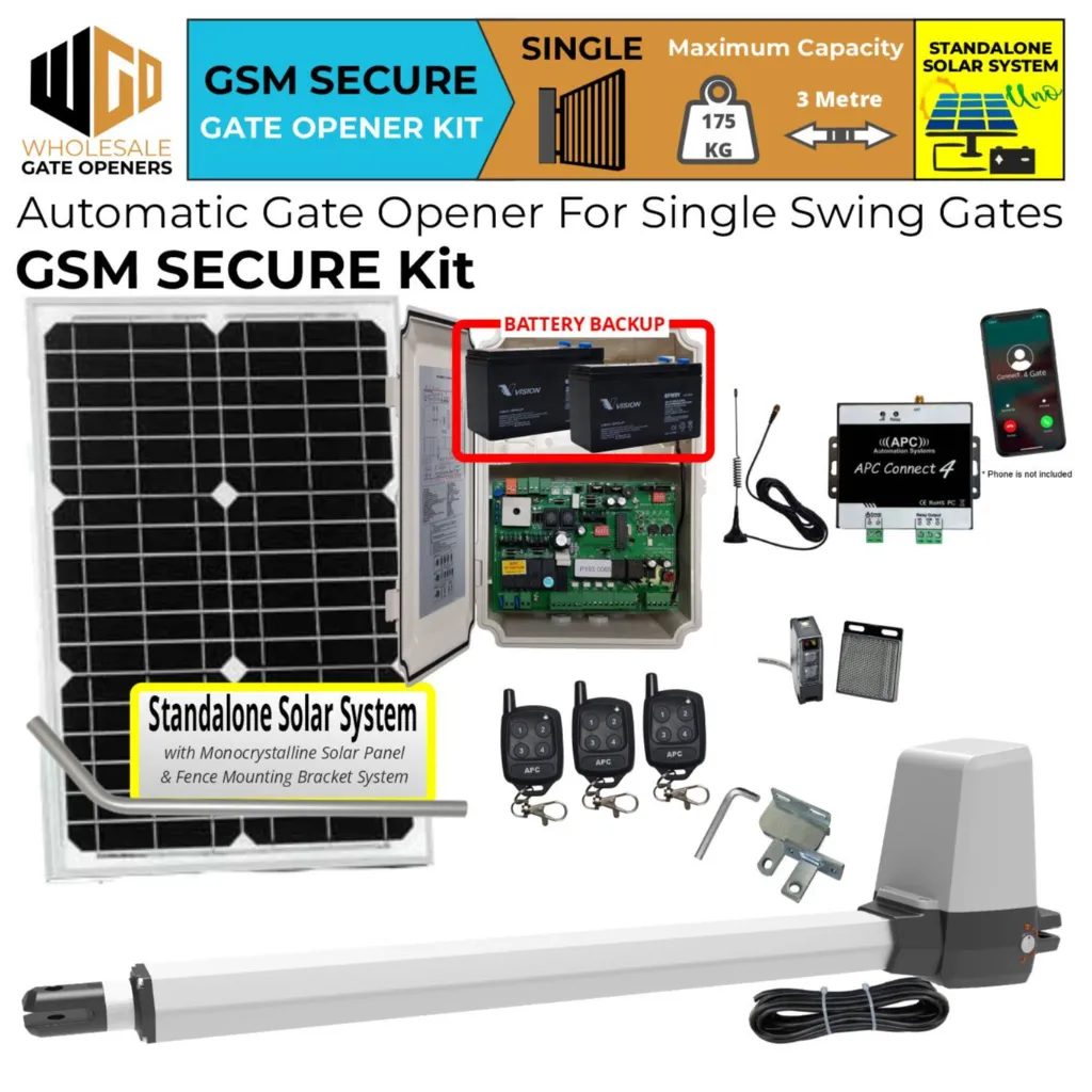 Standalone Solar OFF Grid Single Swing Gate Automation GSM Secure Kit - SWING GATE OPENER KITS