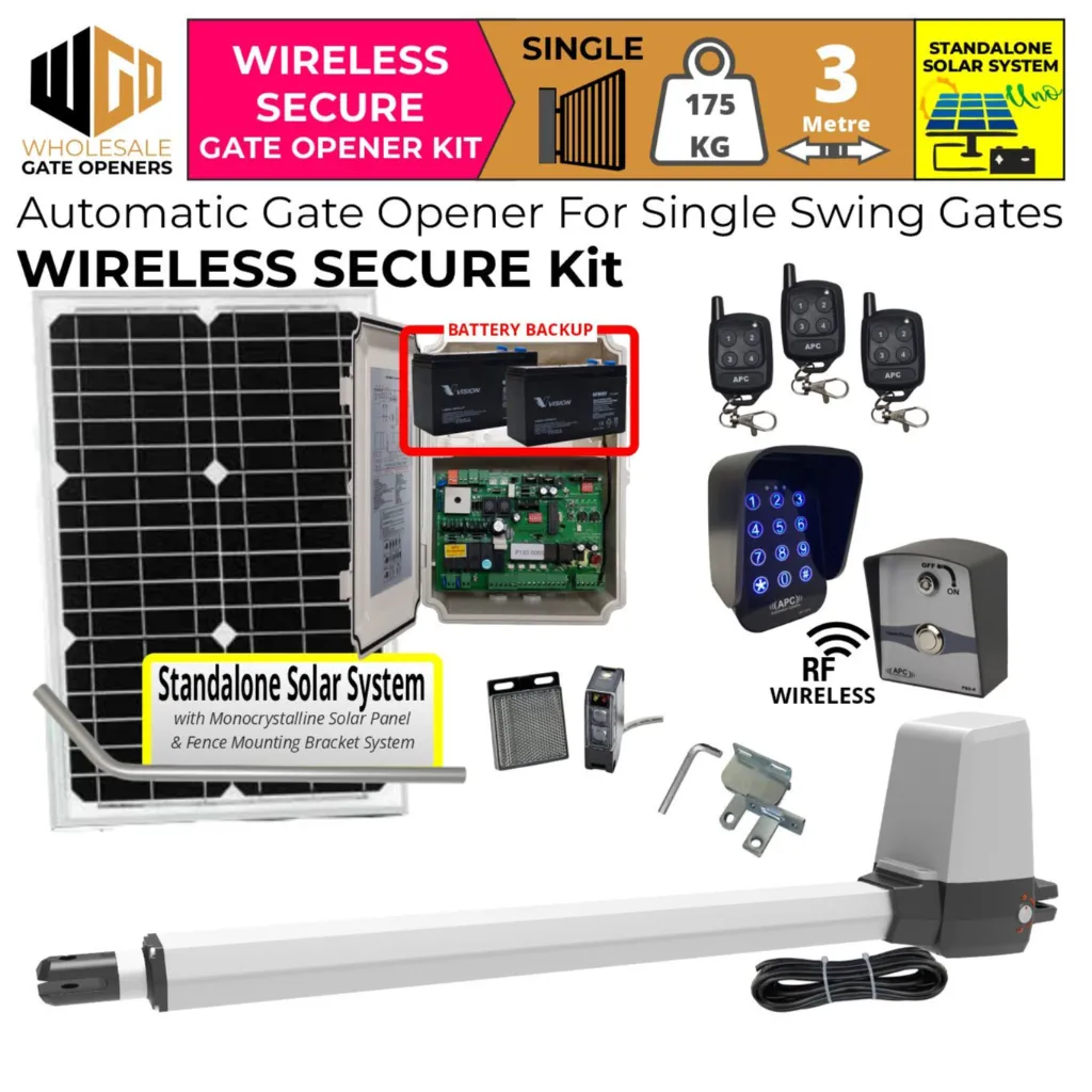Standalone Solar OFF Grid Single Swing Gate Automation Wireless Secure Kit - SWING GATE OPENER KITS