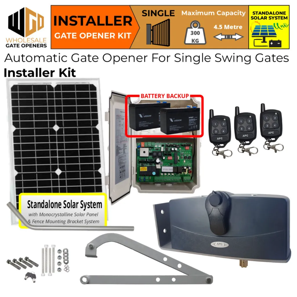 Solar Powered Single Swing Gate Automation Installer Kit with APC-790 - SWING GATE OPENER KITS