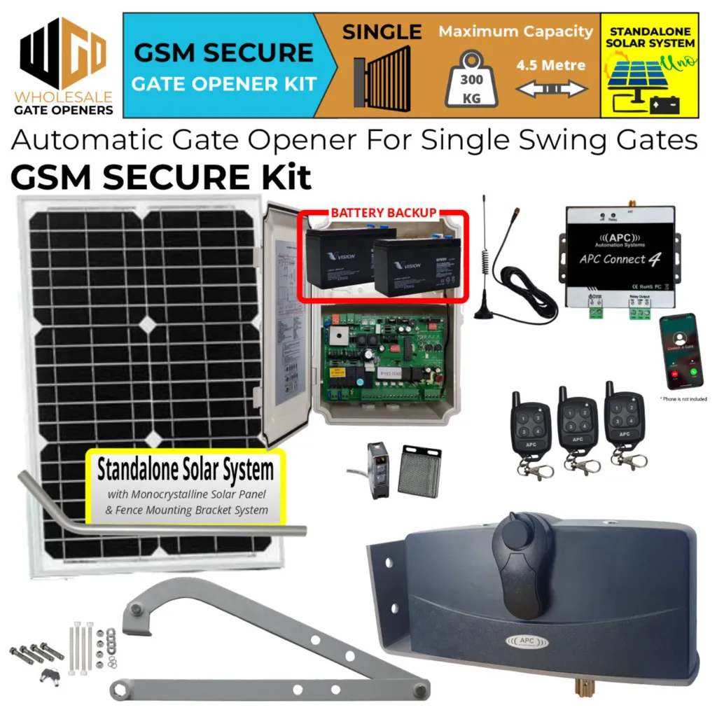 Solar Powered Single Swing Gate Automation GSM Secure Kit with APC-790 - SWING GATE OPENER KITS