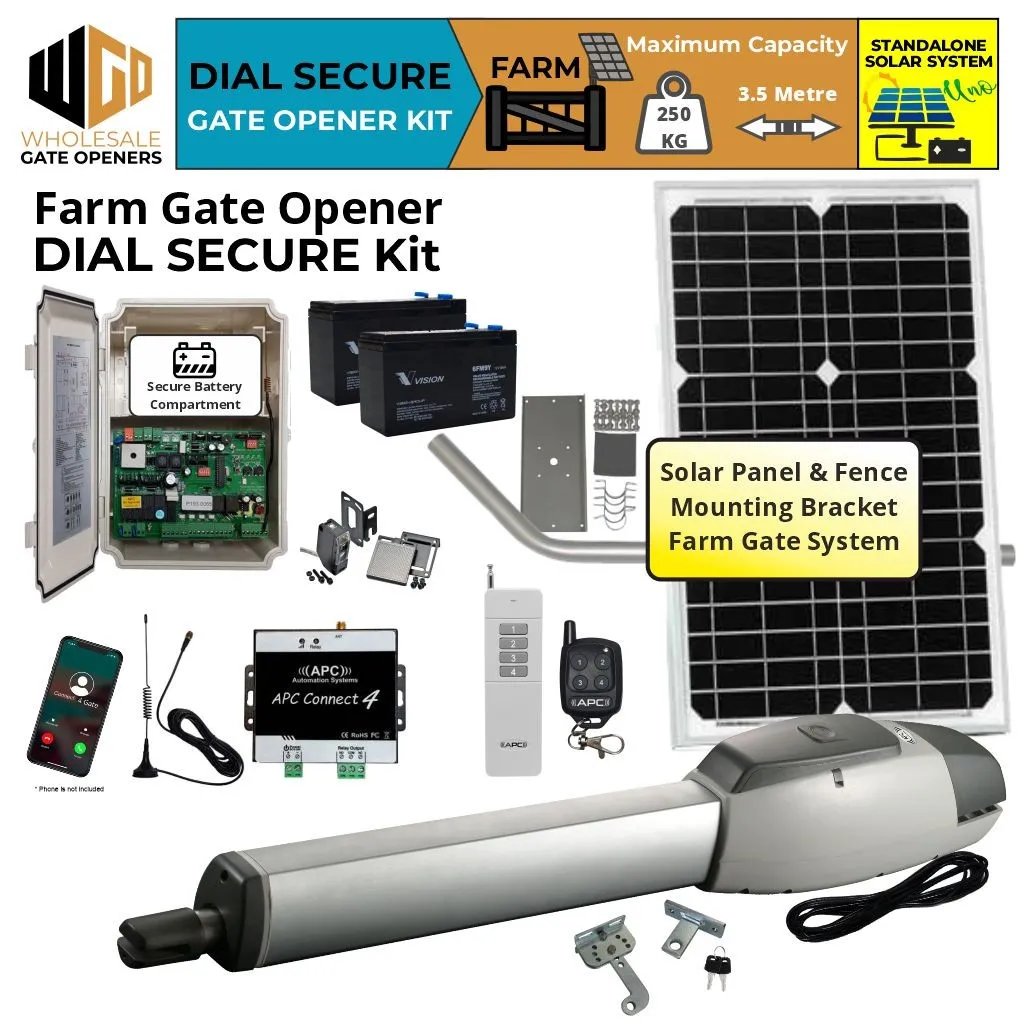 Solar Powered Farm Gate Automation Dial Secure Kit with With Top Limits - SWING GATE OPENER KITS