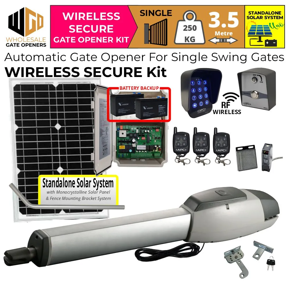 Solar Powered Single Swing Gate Wireless Secure Kit With T700TL Motor - SWING GATE OPENER KITS